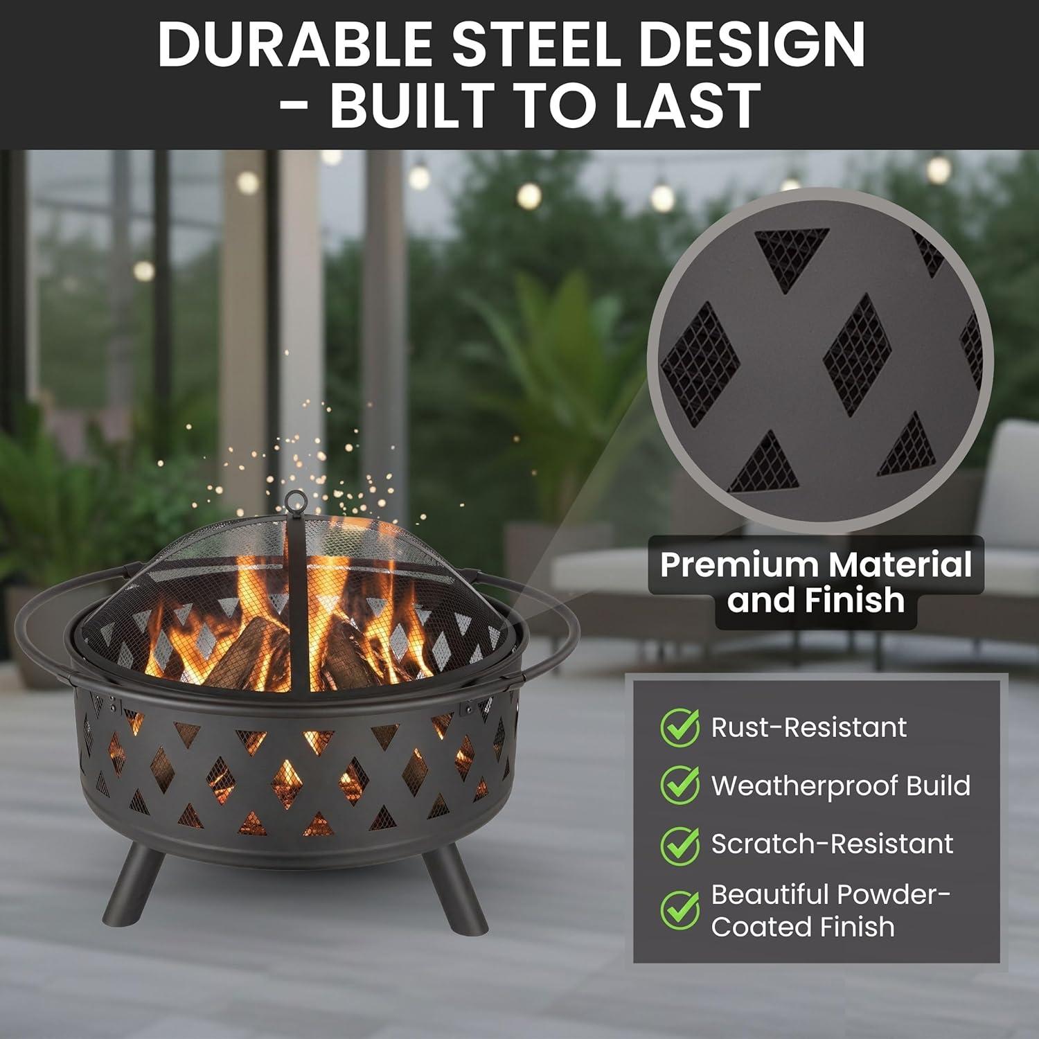 Fire Pit – 32-Inch Outdoor Wood Burning Firepit with Screen, Poker, and ...