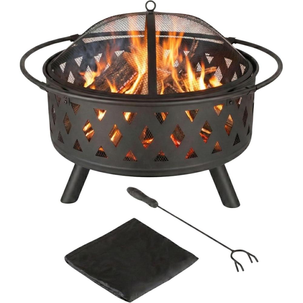 Fire Pit – 32-Inch Outdoor Wood Burning Firepit with Screen, Poker, and ...